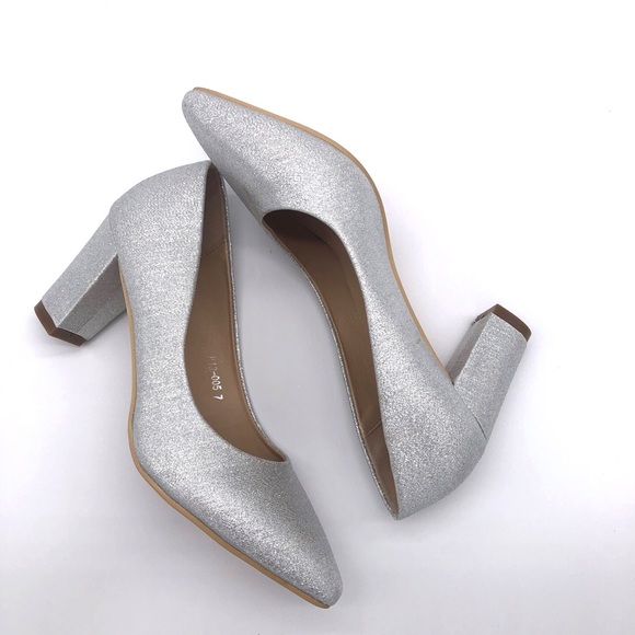 Shoes | Dress Shoe Silver Chunky Heel Closed Pointed Toe | Poshmark